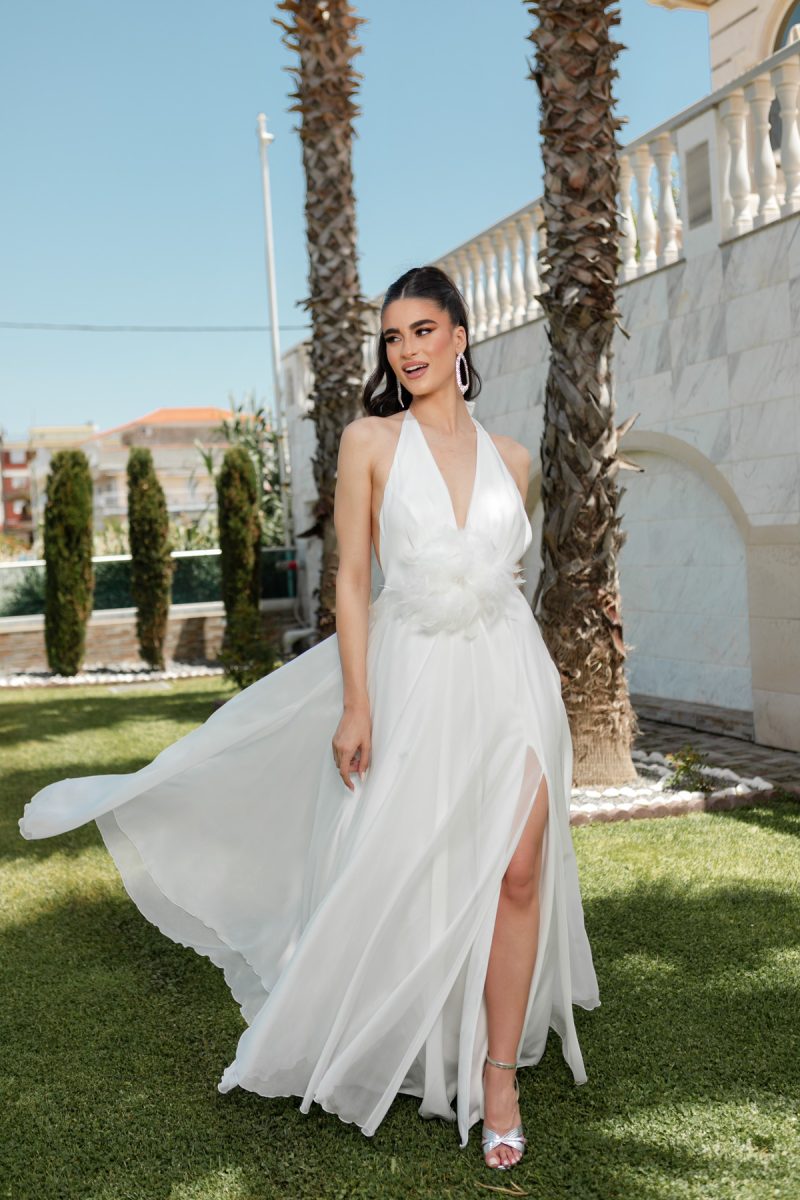 Λευκό Φόρεμα Halter με Πούπουλα και Σκίσιμο | Rich Girl Boudoir